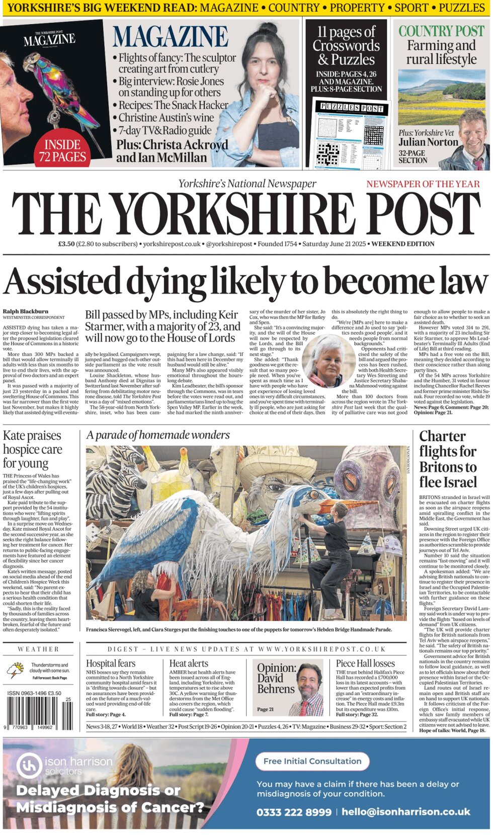 The Yorkshire Post - Today's Front Page, 21/06/2025