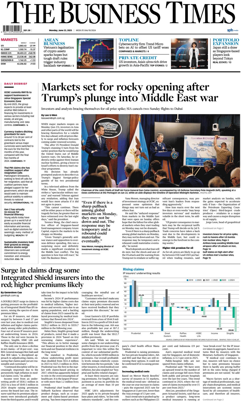 The Business Times (Singapore) - Today's Front Page, 23/06/2025
