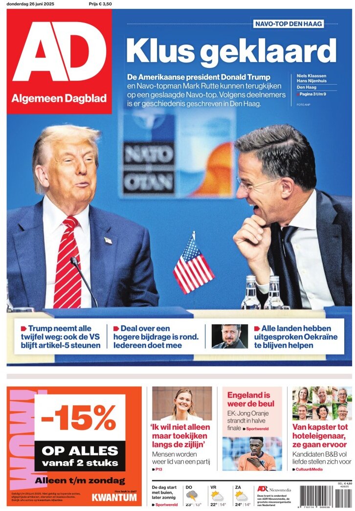 Algemeen Dagblad (AD) - Today's Front Page, 26/06/2025