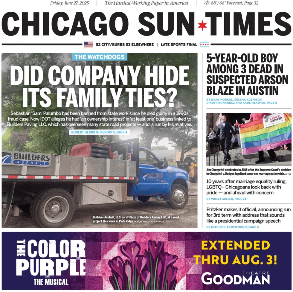 Chicago Sun-Times - Today's Front Page, 27/06/2025