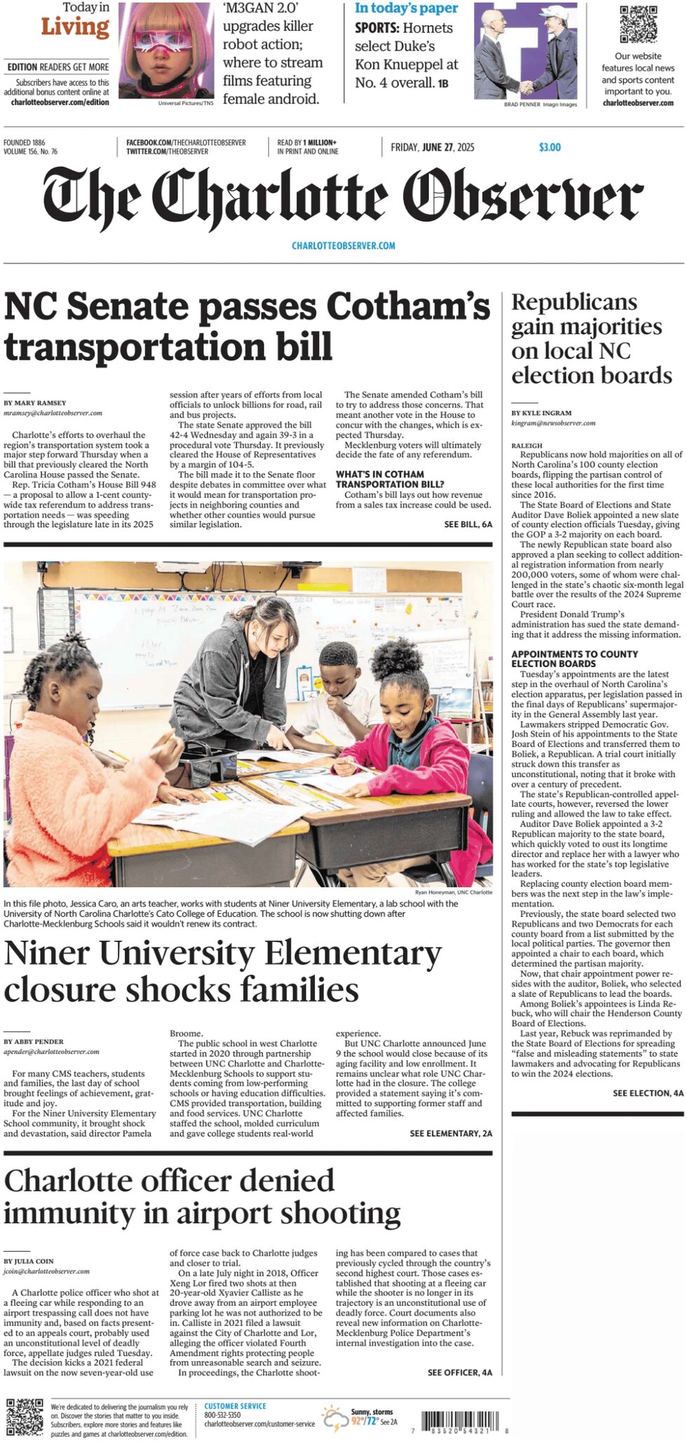 The Charlotte Observer - Today's Front Page, 27/06/2025