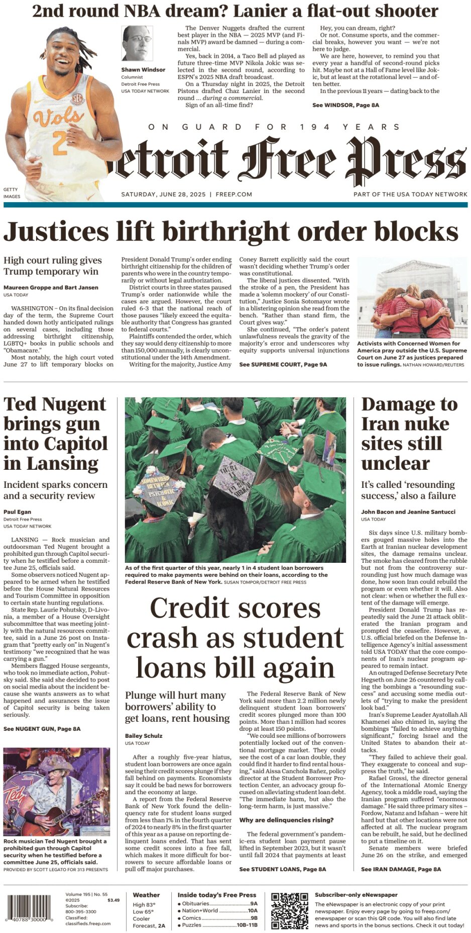 Detroit Free Press - Today's Front Page, 28/06/2025