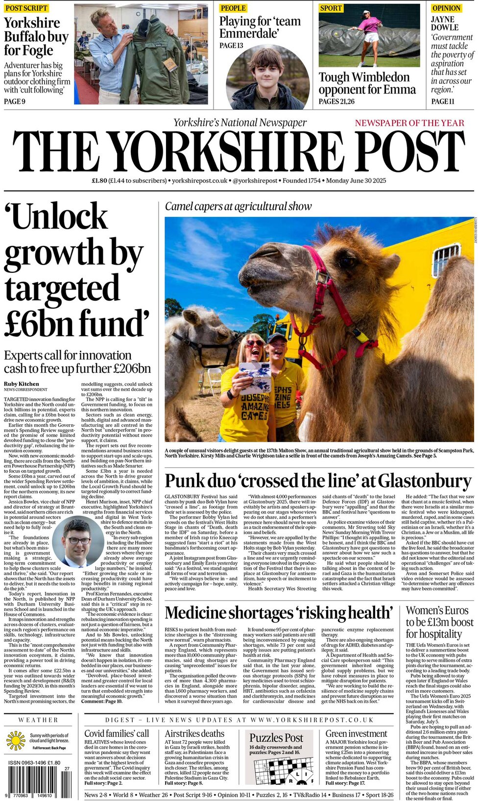 The Yorkshire Post - Today's Front Page, 30/06/2025
