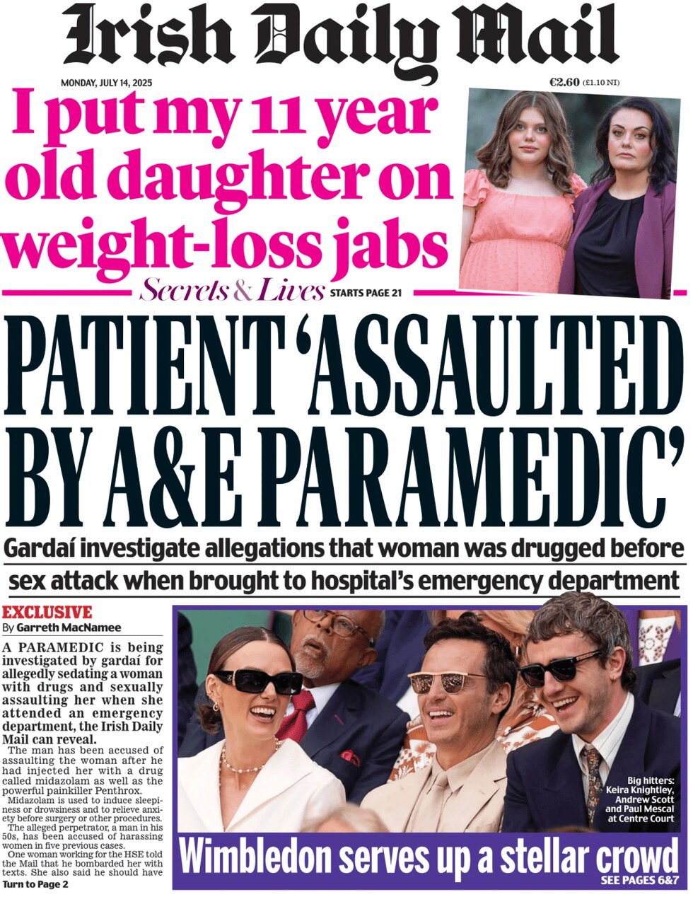 Irish Daily Mail - Today's Front Page, 14/07/2025