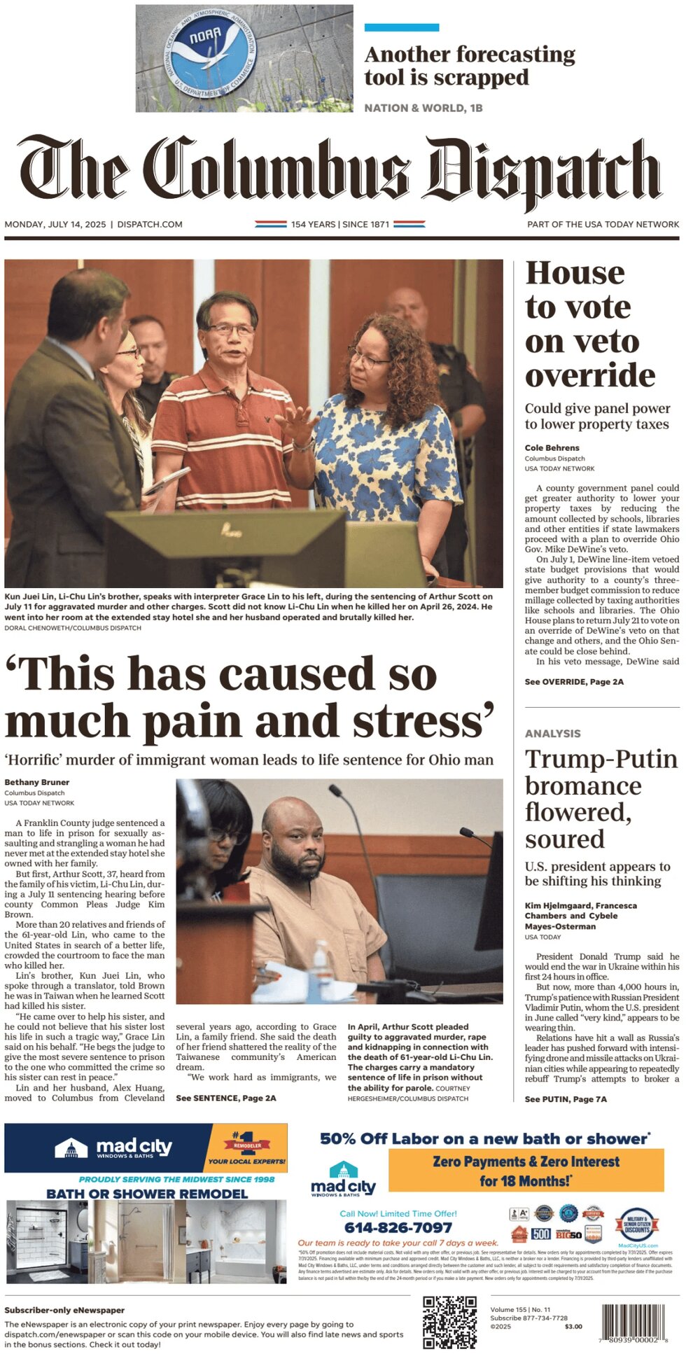 The Columbus Dispatch - Today's Front Page, 14/07/2025