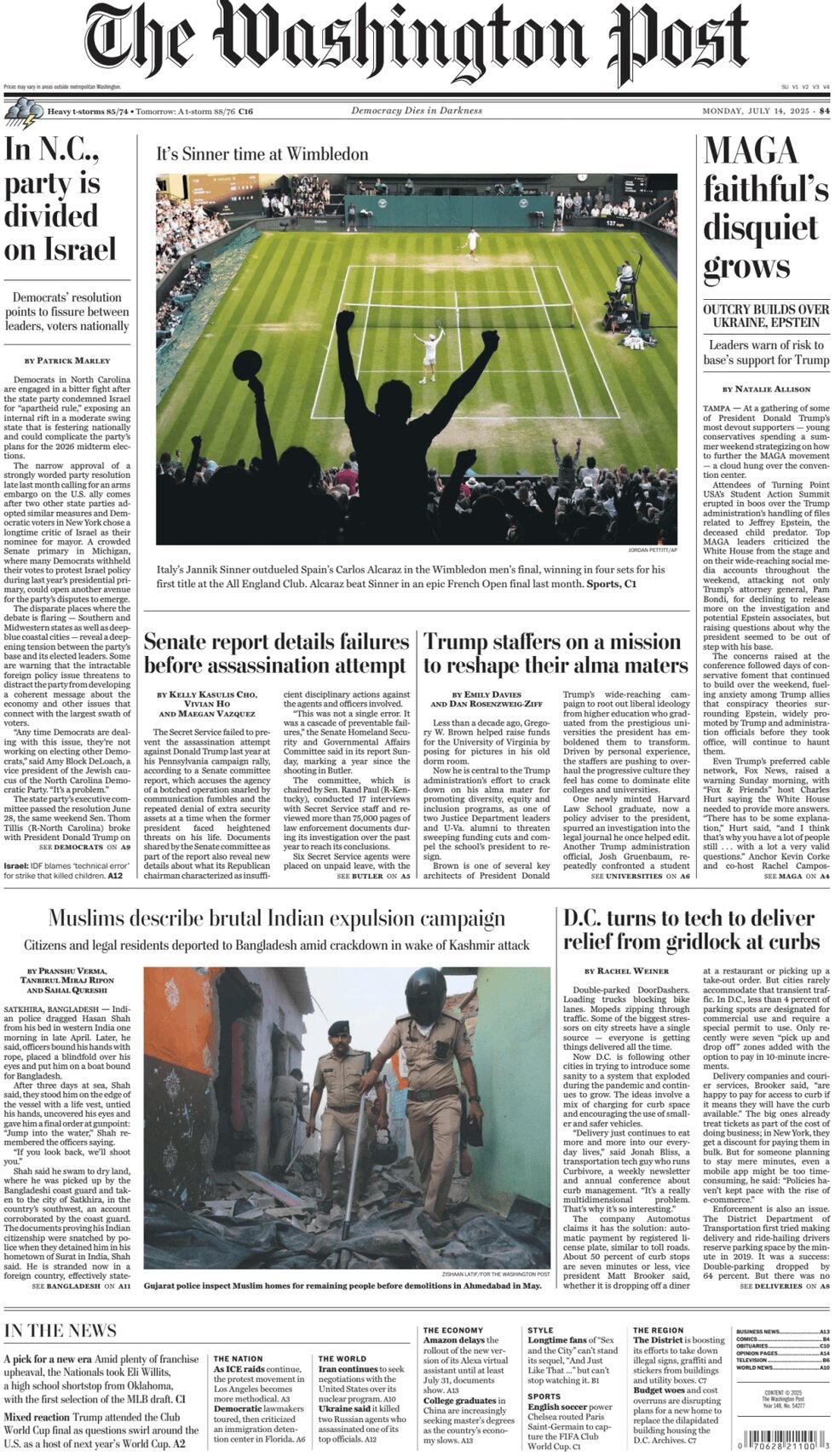 The Washington Post - Today's Front Page, 14/07/2025