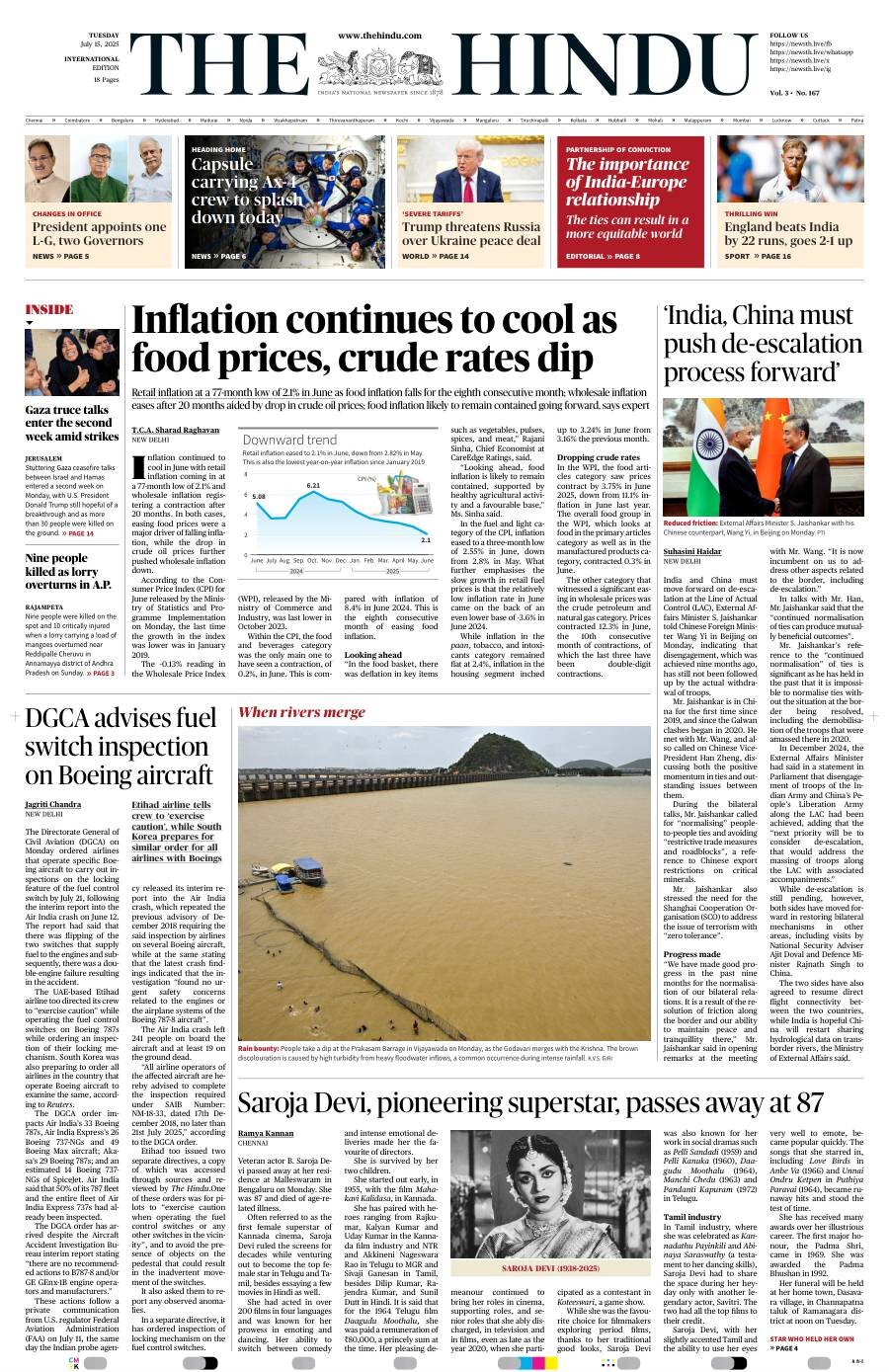 The Hindu - Today's Front Page, 15/07/2025