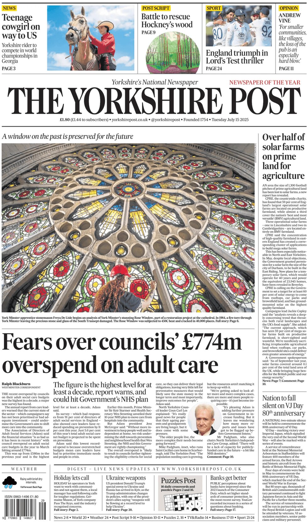 The Yorkshire Post - Today's Front Page, 15/07/2025