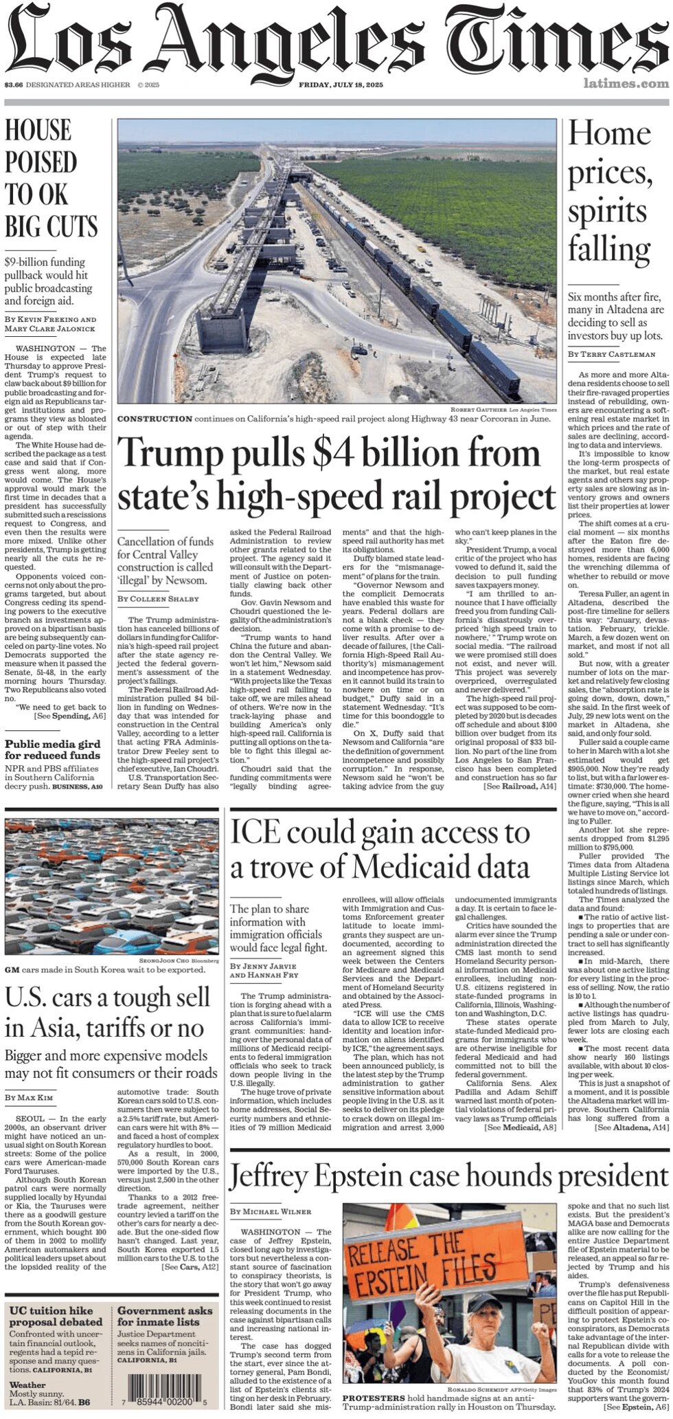 Los Angeles Times - Today's Front Page, 18/07/2025