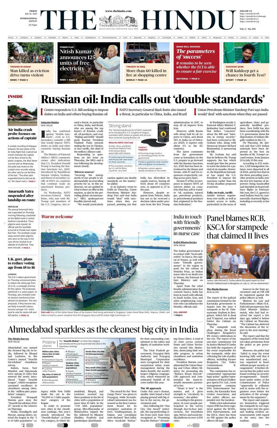 The Hindu - Today's Front Page, 18/07/2025