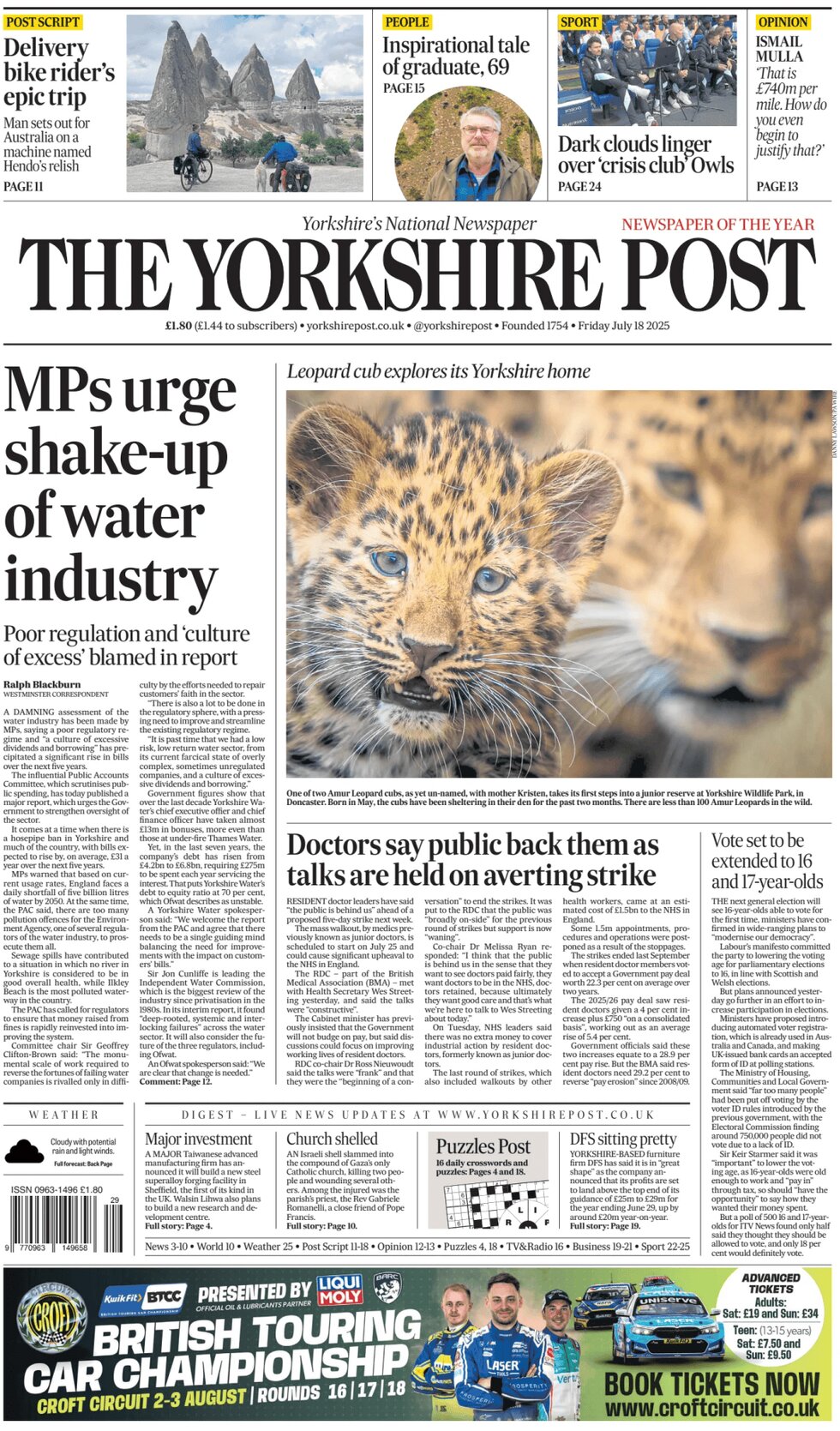 The Yorkshire Post - Today's Front Page, 18/07/2025