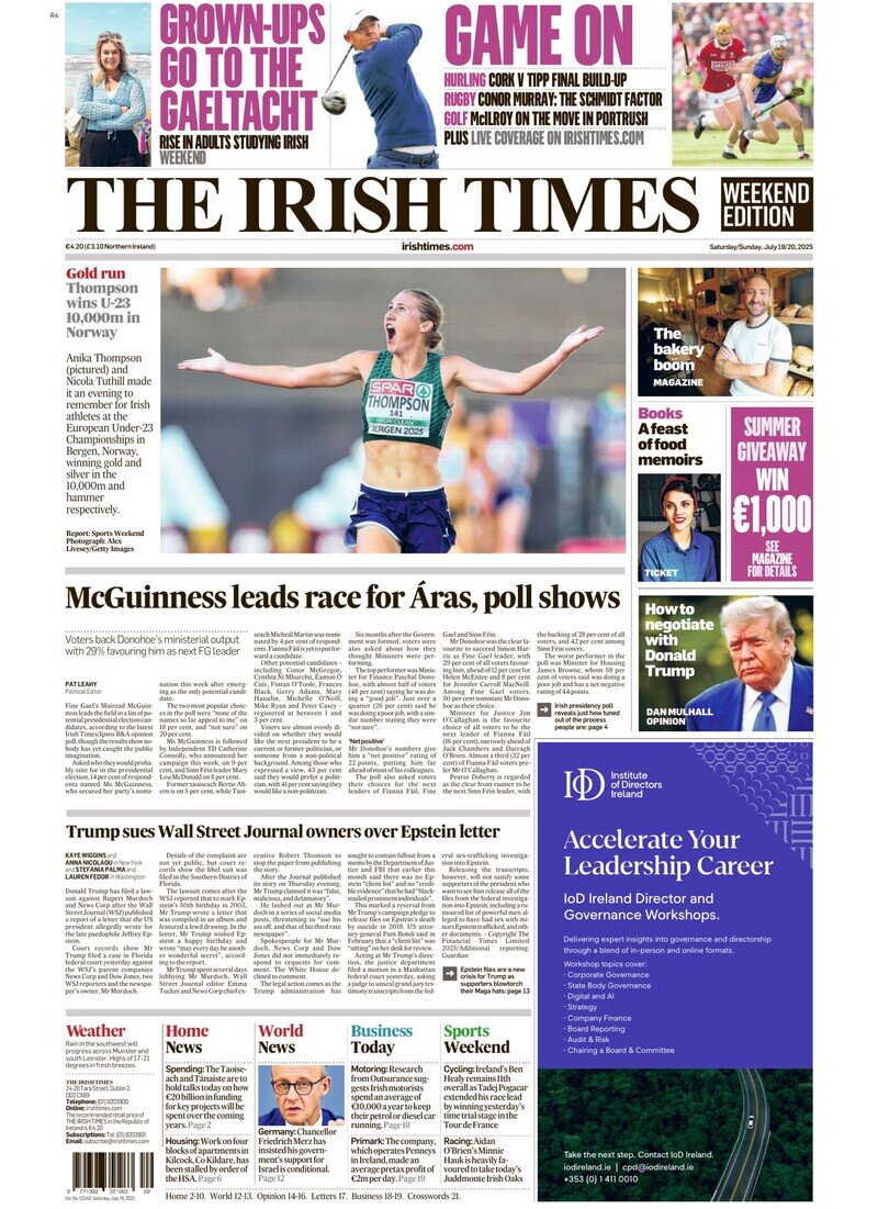 The Irish Times - Today's Front Page, 20/07/2025