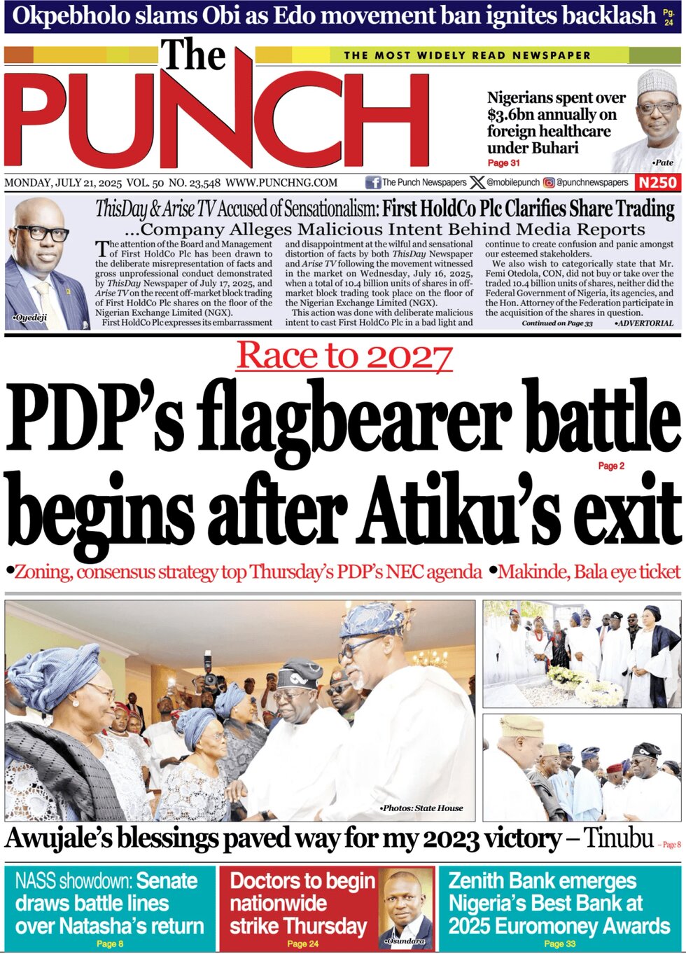 The Punch - Today's Front Page, 21/07/2025