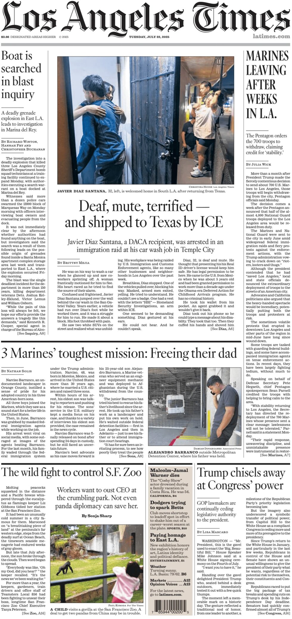 Los Angeles Times - Today's Front Page, 22/07/2025