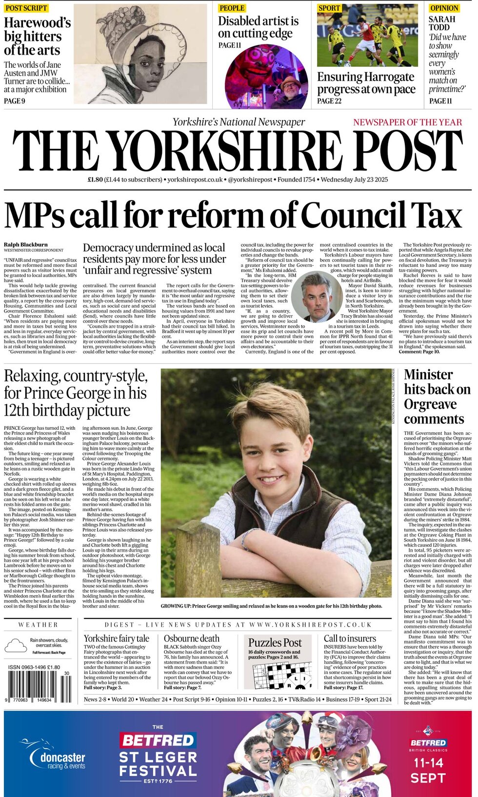 The Yorkshire Post - Today's Front Page, 23/07/2025