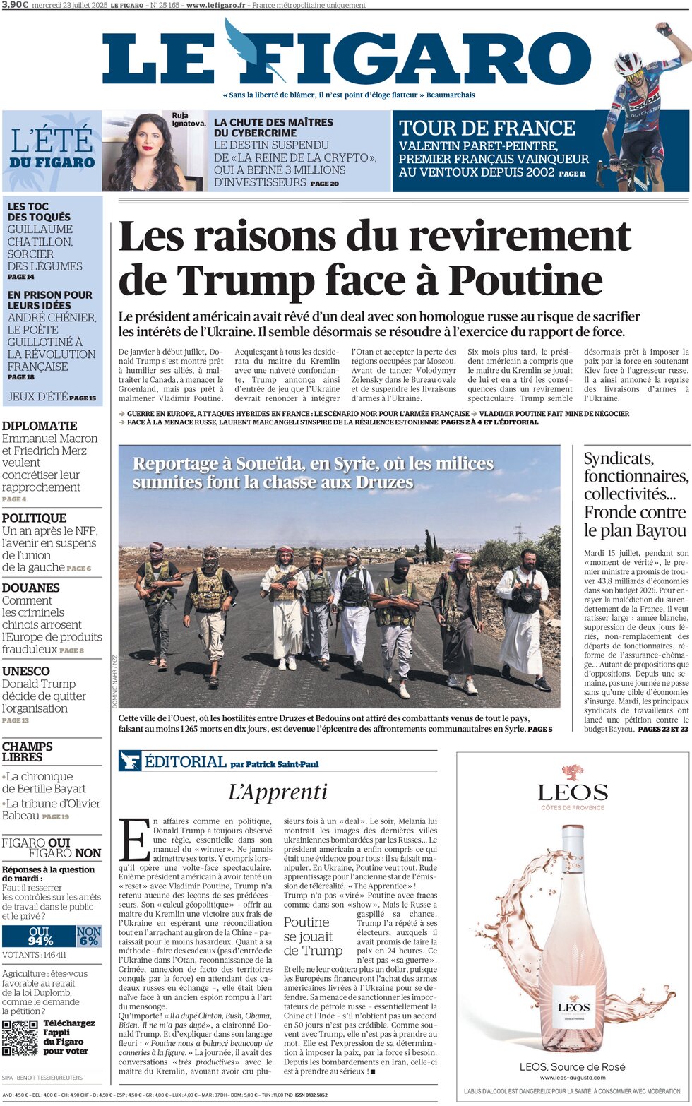 Le Figaro - Today's Front Page, 23/07/2025