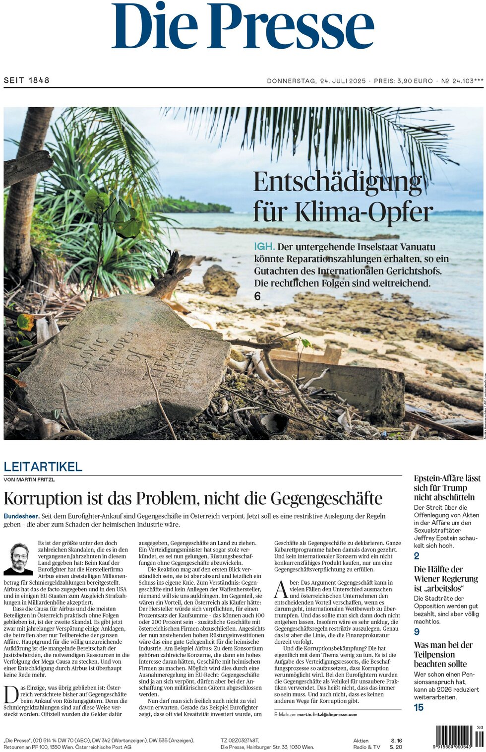 Die Presse - Today's Front Page, 24/07/2025