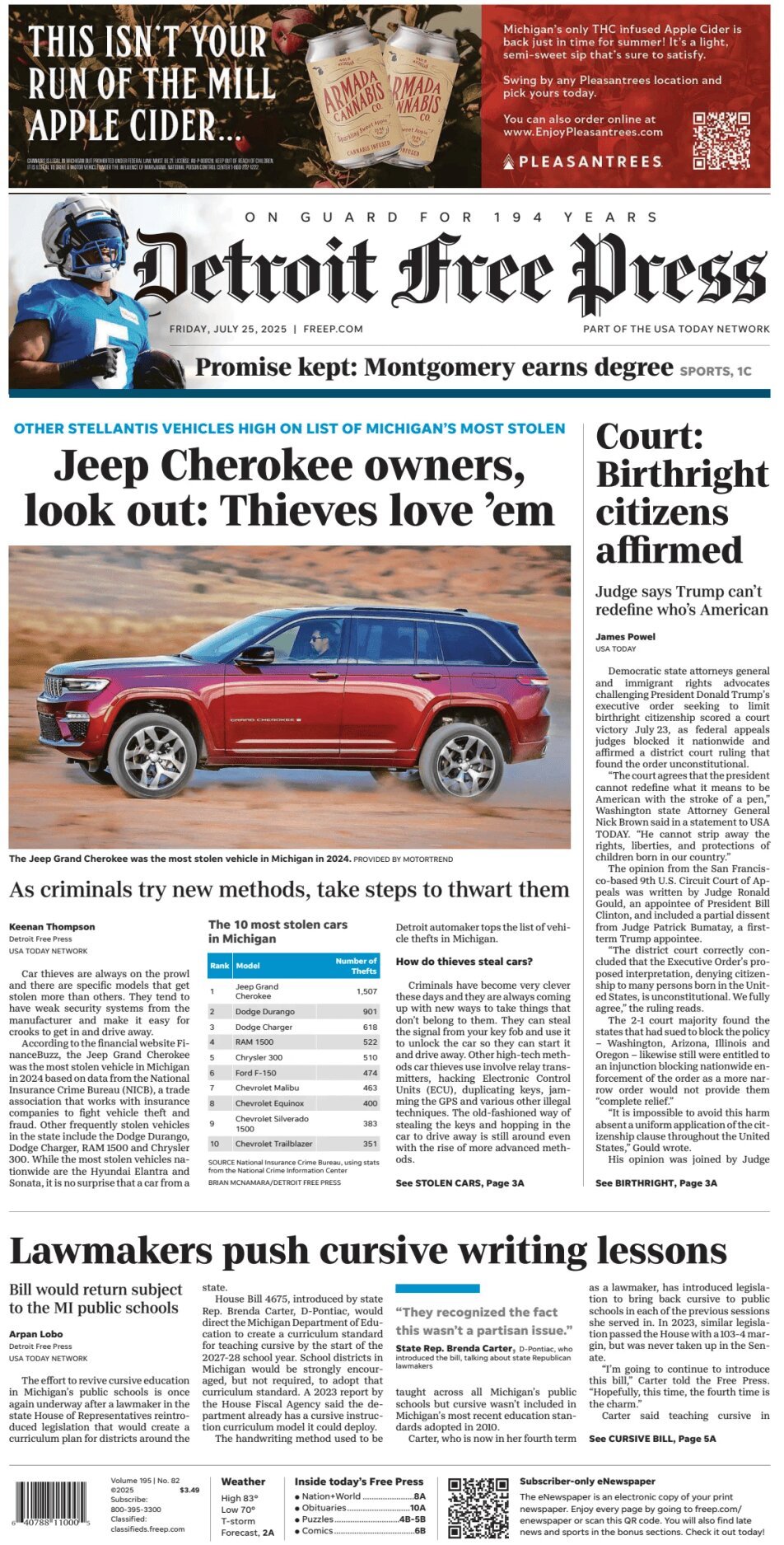 Detroit Free Press - Today's Front Page, 25/07/2025