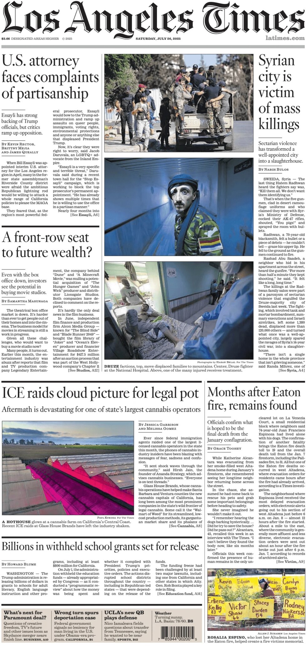 Los Angeles Times - Today's Front Page, 26/07/2025