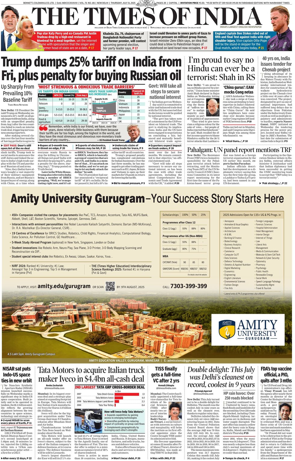 The Times of India - Today's Front Page, 31/07/2025