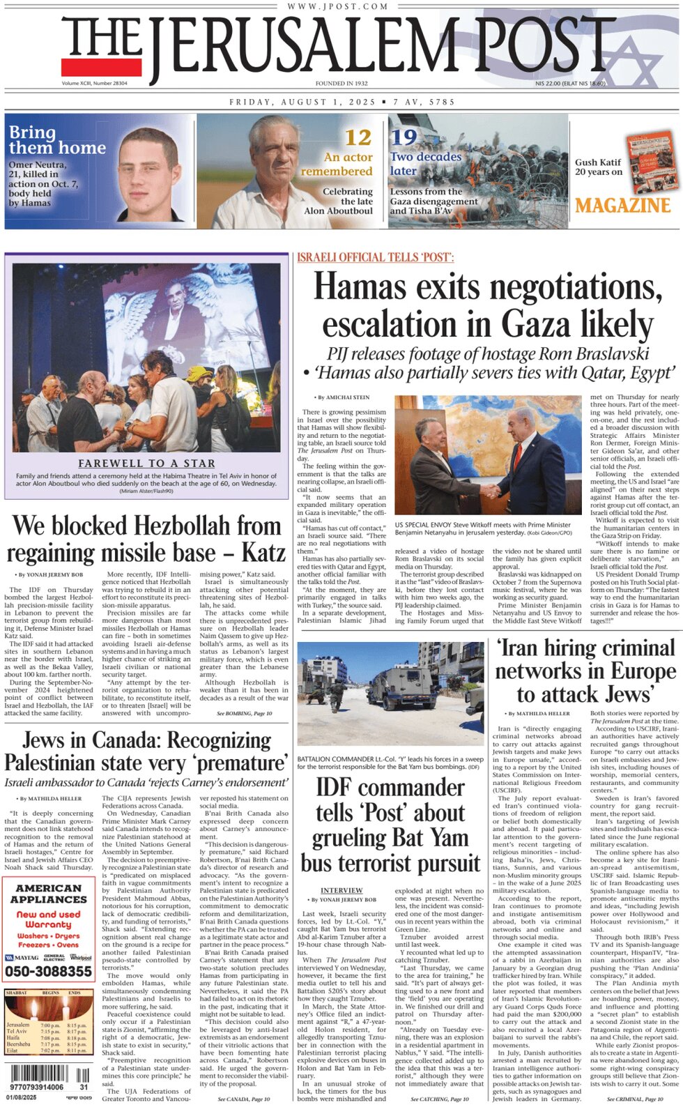 The Jerusalem Post - Today's Front Page, 01/08/2025