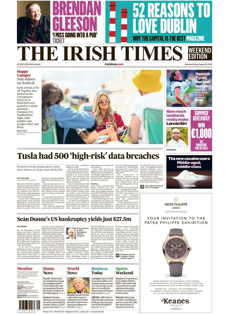 The Irish Times - Today's Front Page, 03/08/2025