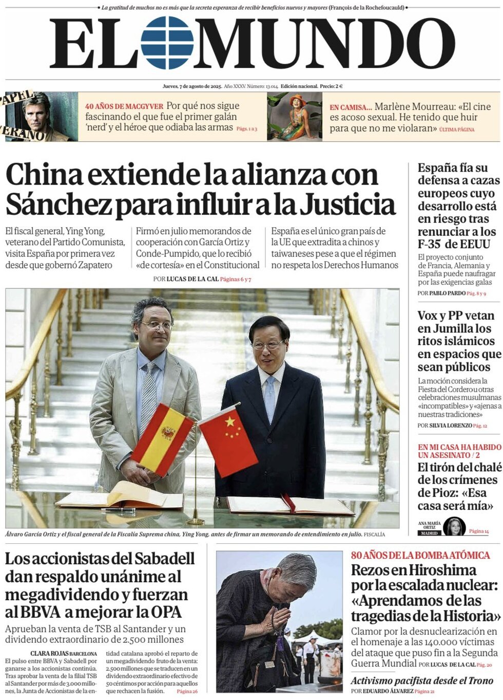 El Mundo - Today's Front Page, 07/08/2025