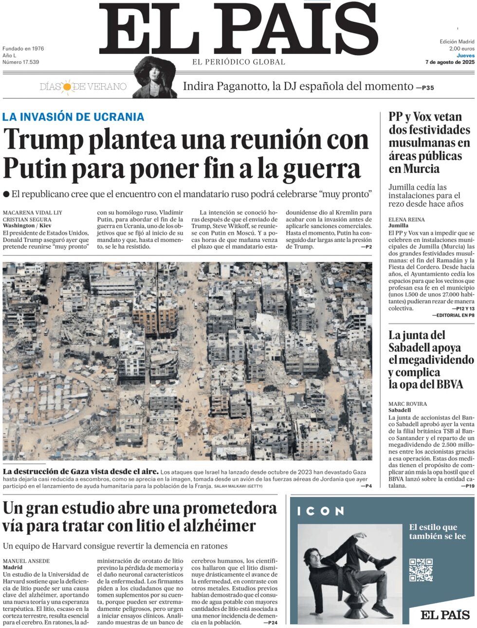 El País - Today's Front Page, 07/08/2025