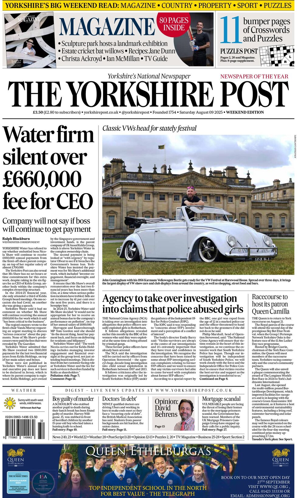 The Yorkshire Post - Today's Front Page, 09/08/2025