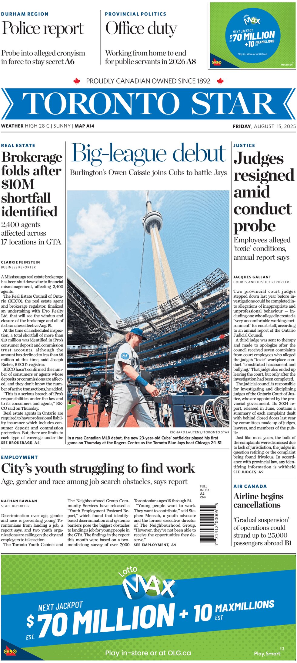 Toronto Star - Today's Front Page, 15/08/2025