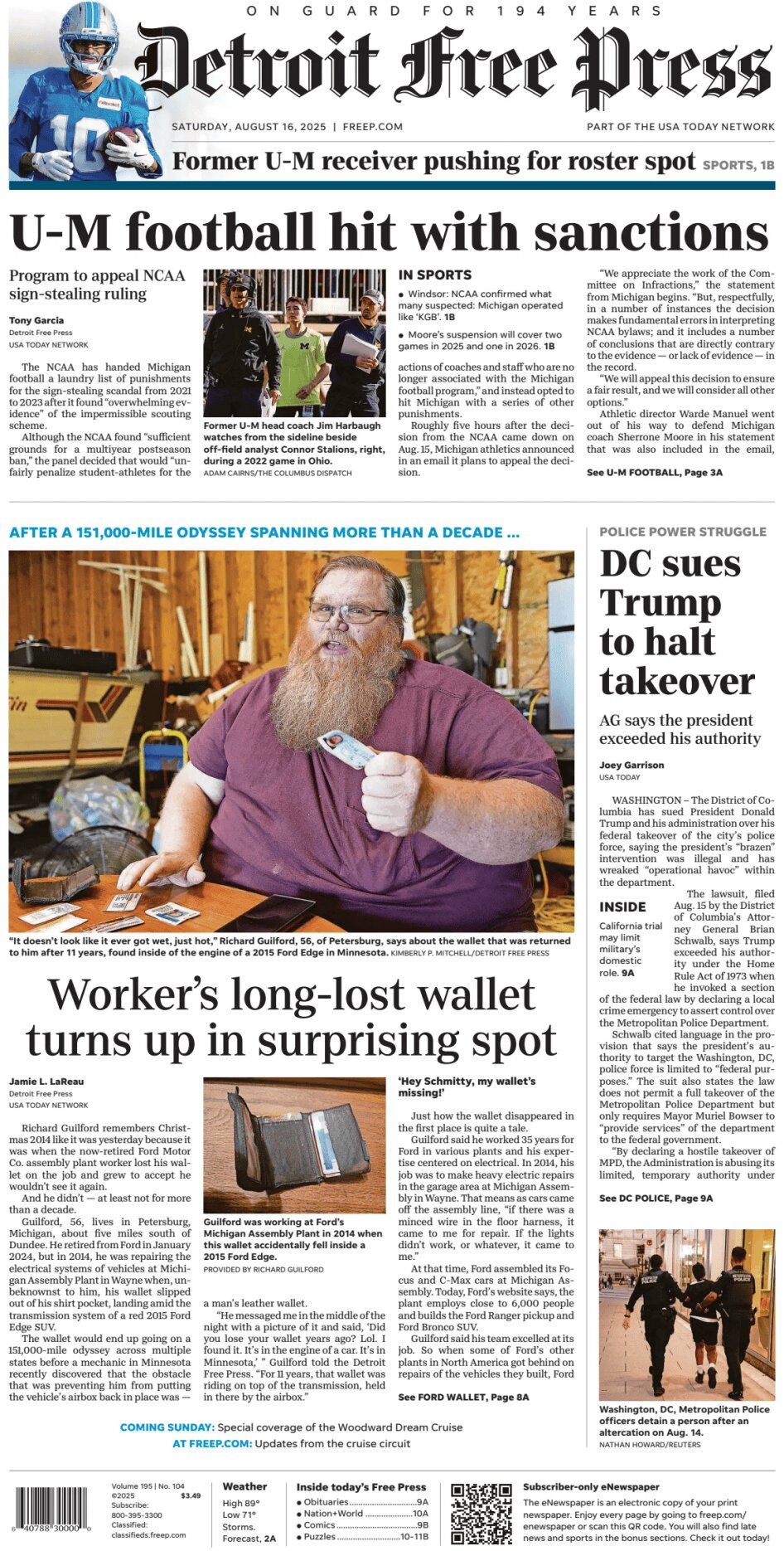 Detroit Free Press - Today's Front Page, 16/08/2025