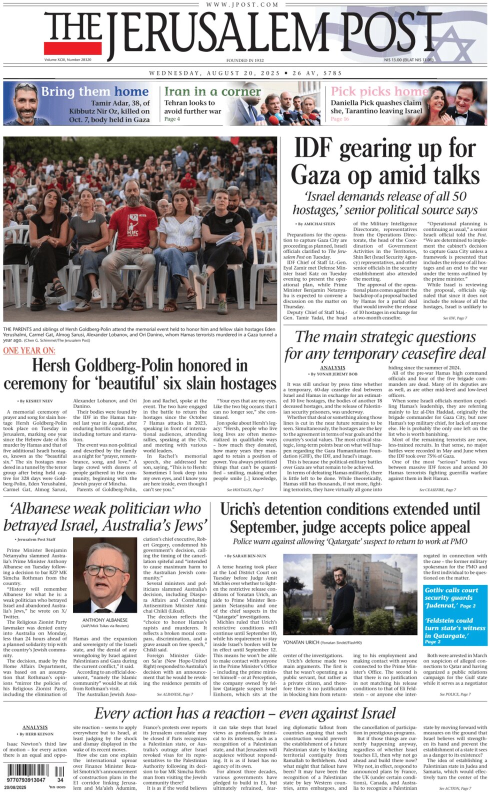 The Jerusalem Post - Today's Front Page, 20/08/2025