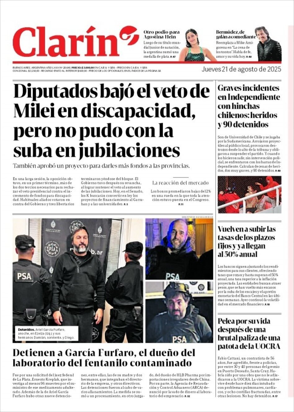 Clarín - Today's Front Page, 21/08/2025