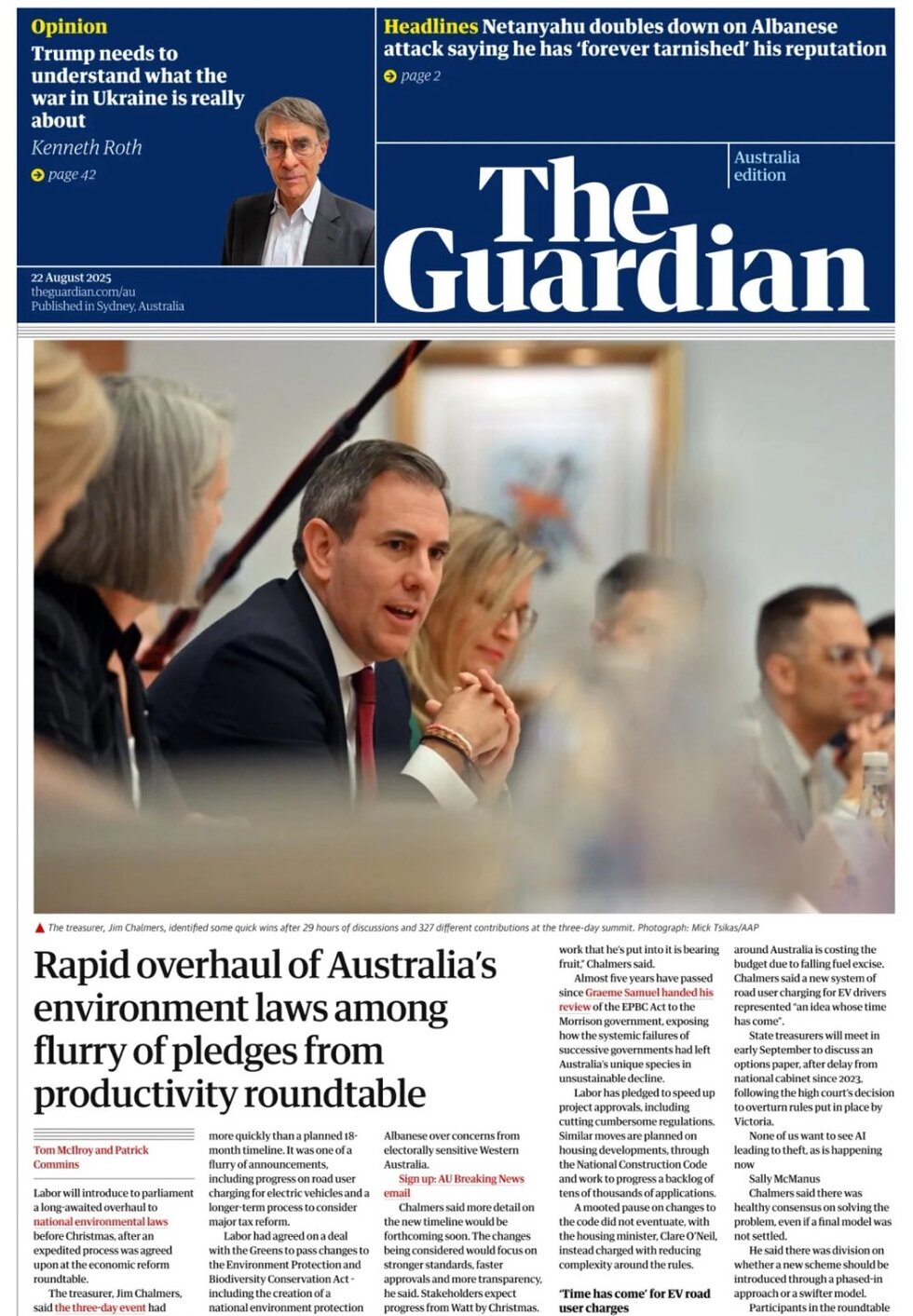 The Guardian Australia - Today's Front Page, 22/08/2025