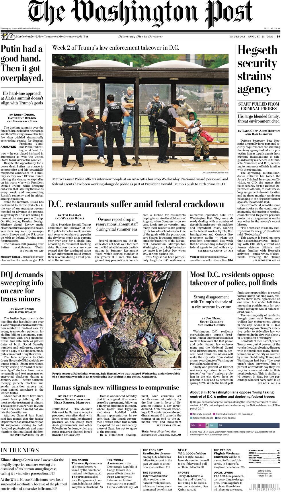 The Washington Post - Today's Front Page, 21/08/2025