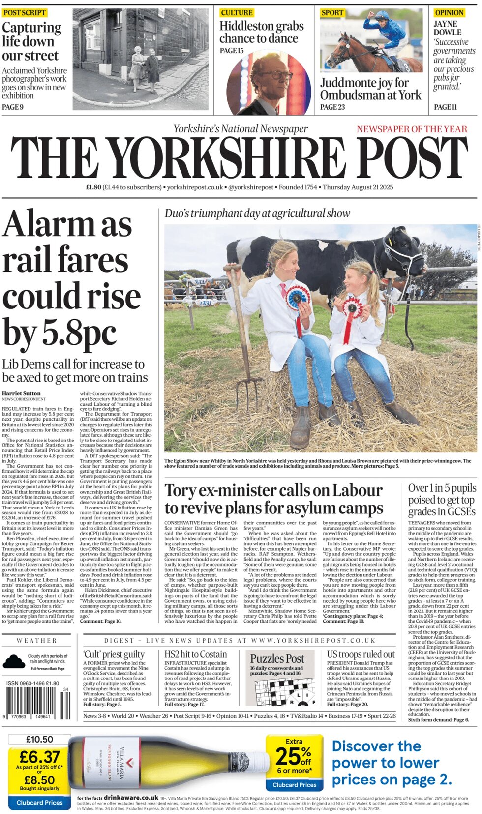 The Yorkshire Post - Today's Front Page, 21/08/2025