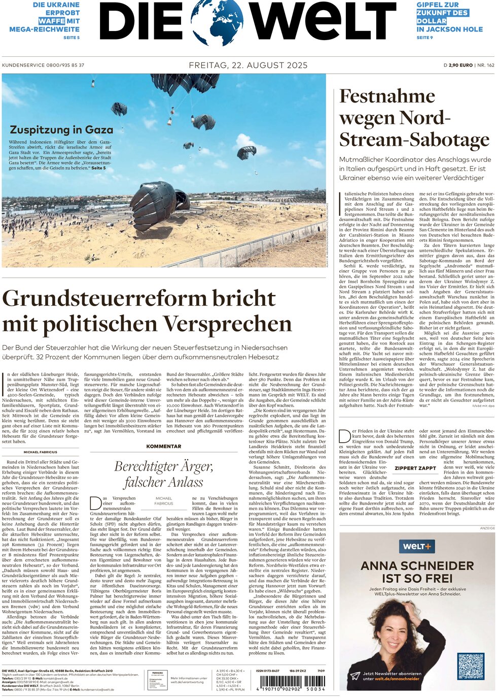 Die Welt - Today's Front Page, 22/08/2025