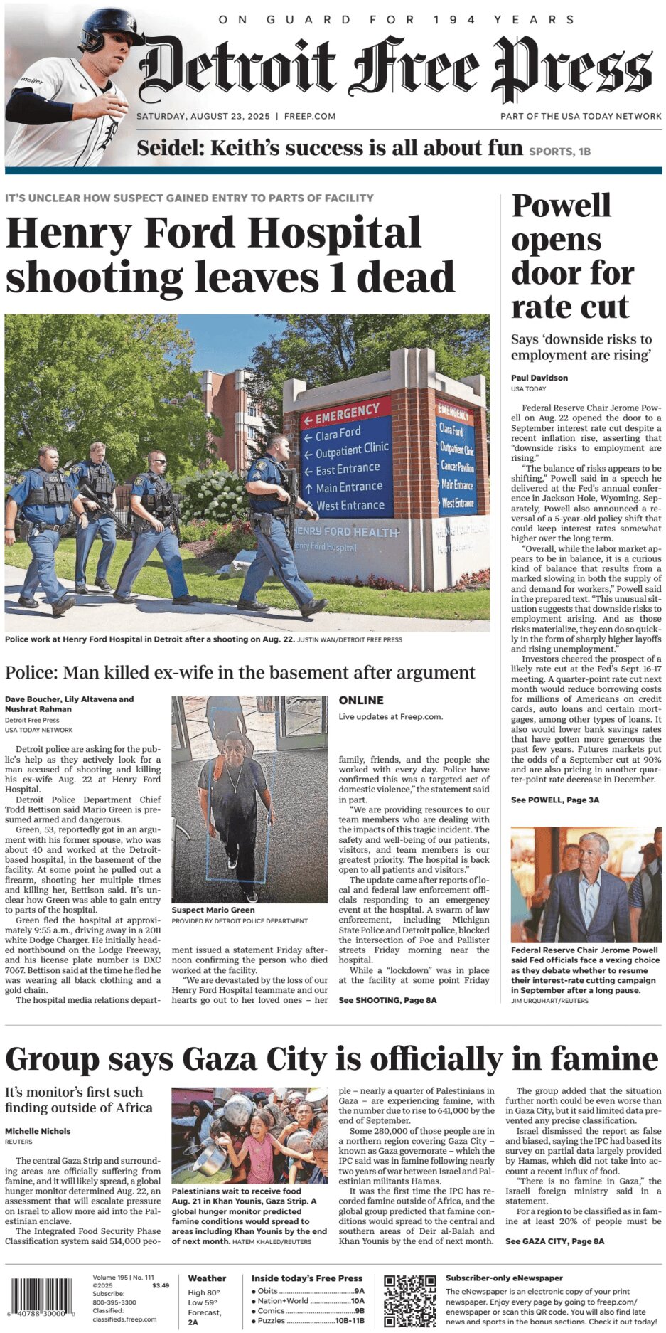 Detroit Free Press - Today's Front Page, 23/08/2025