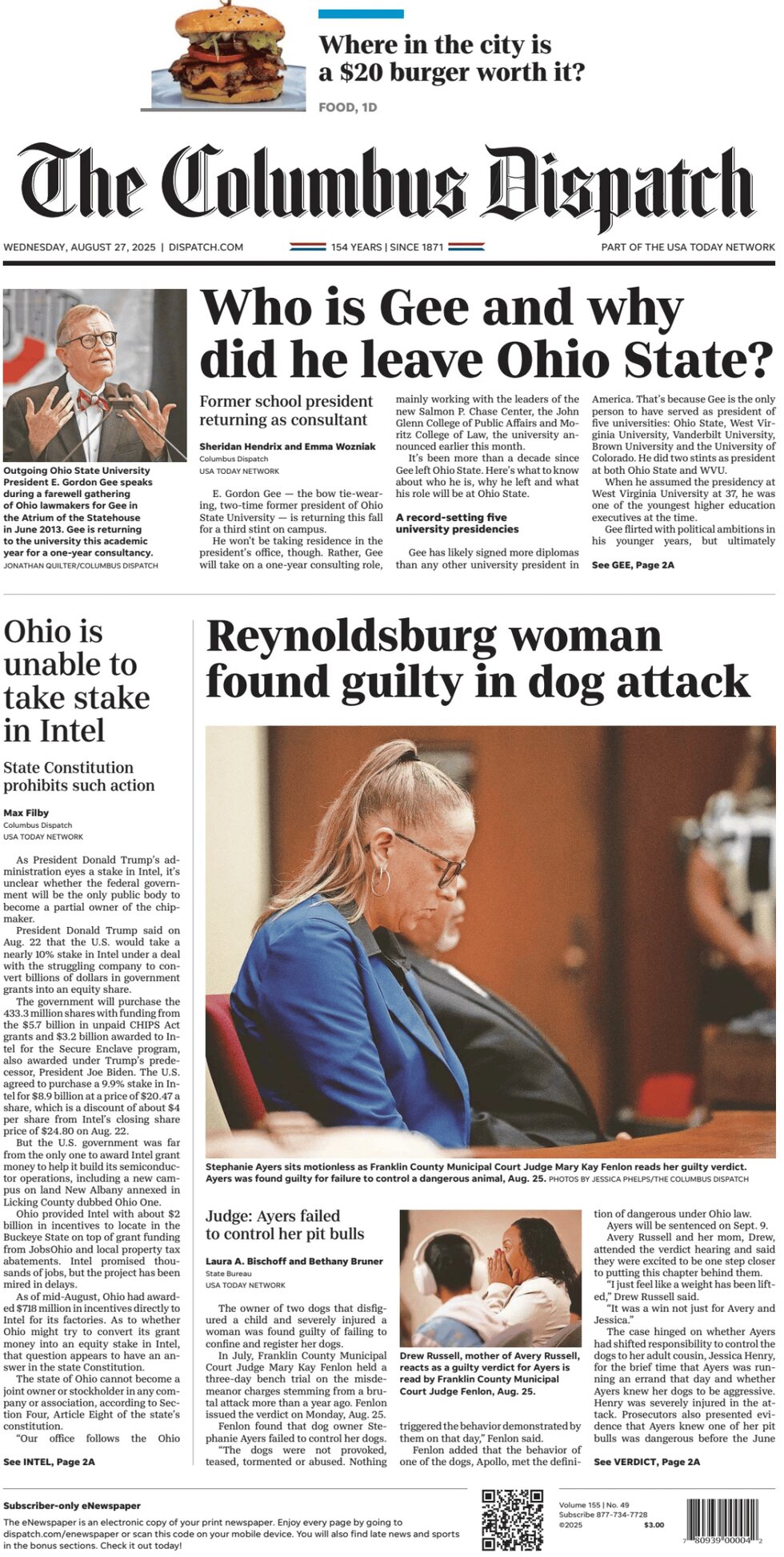 The Columbus Dispatch - Today's Front Page, 27/08/2025