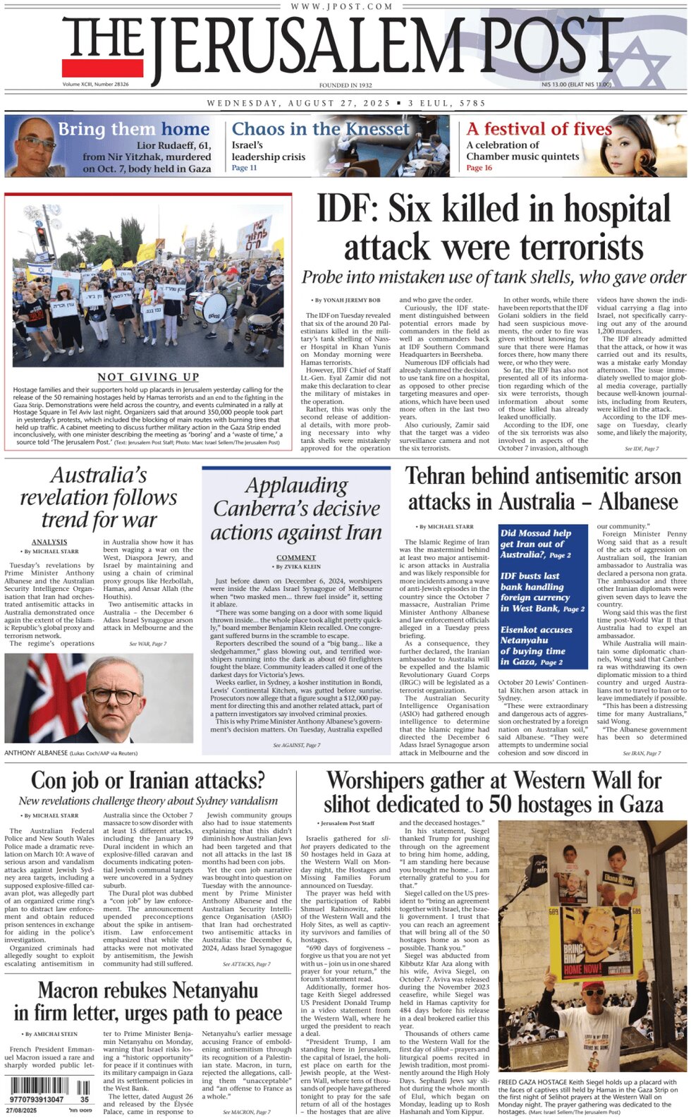 The Jerusalem Post - Today's Front Page, 27/08/2025