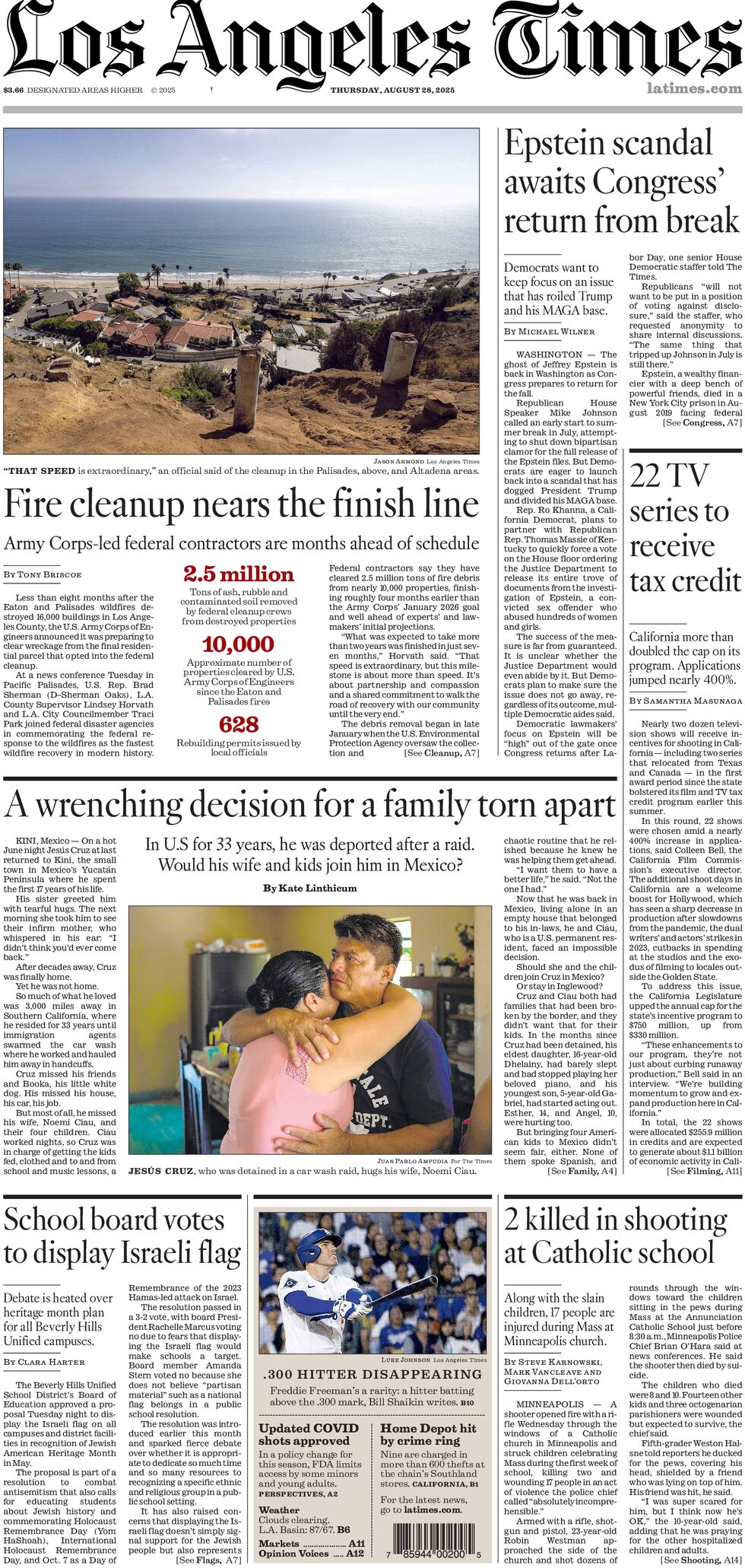 Los Angeles Times - Today's Front Page, 28/08/2025