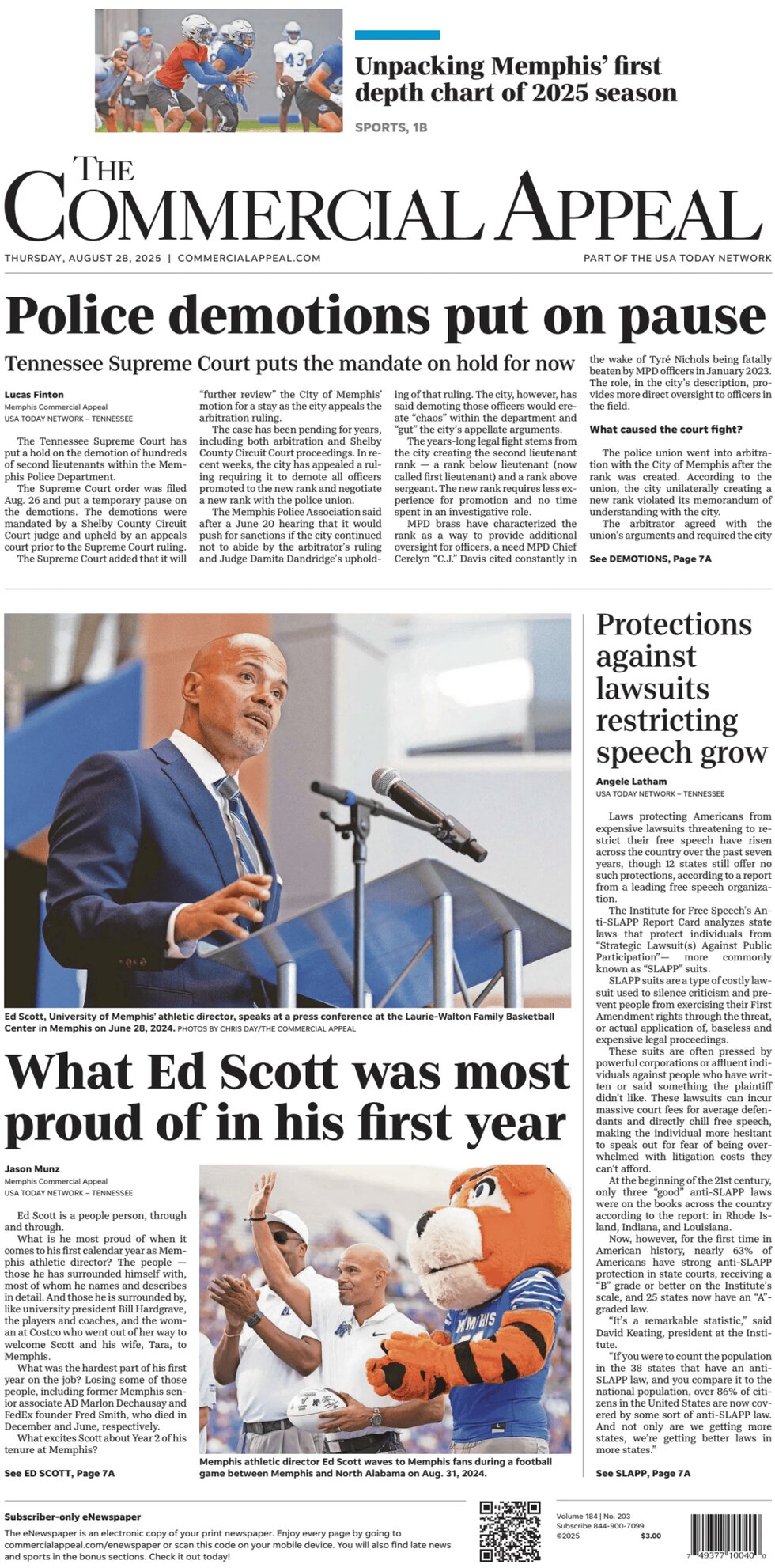 The Commercial Appeal - Today's Front Page, 28/08/2025