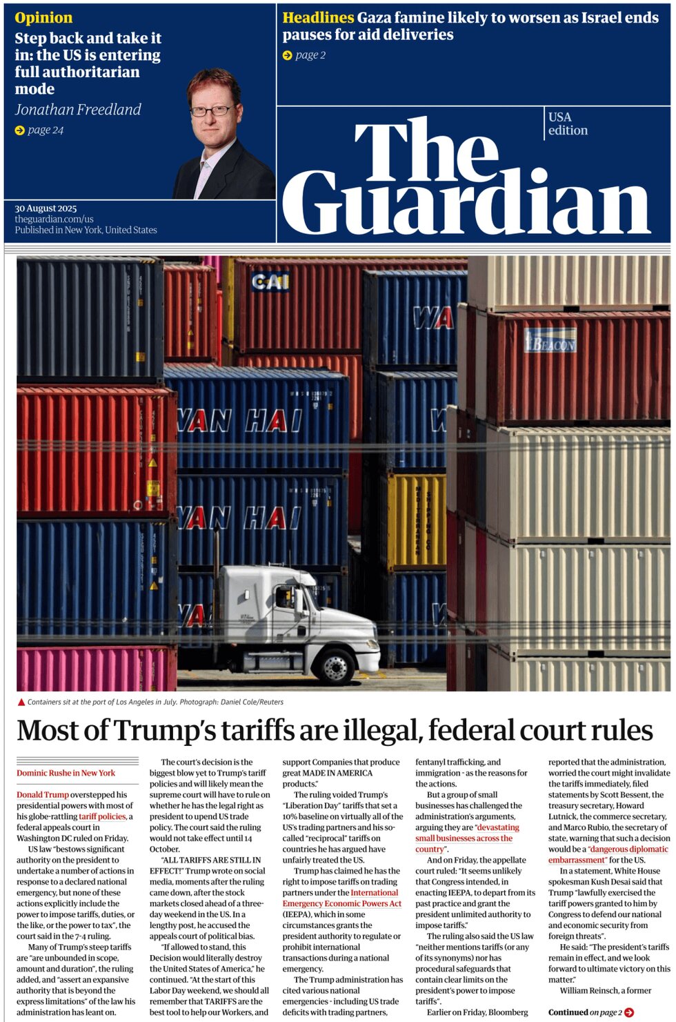 The Guardian US - Today's Front Page, 30/08/2025