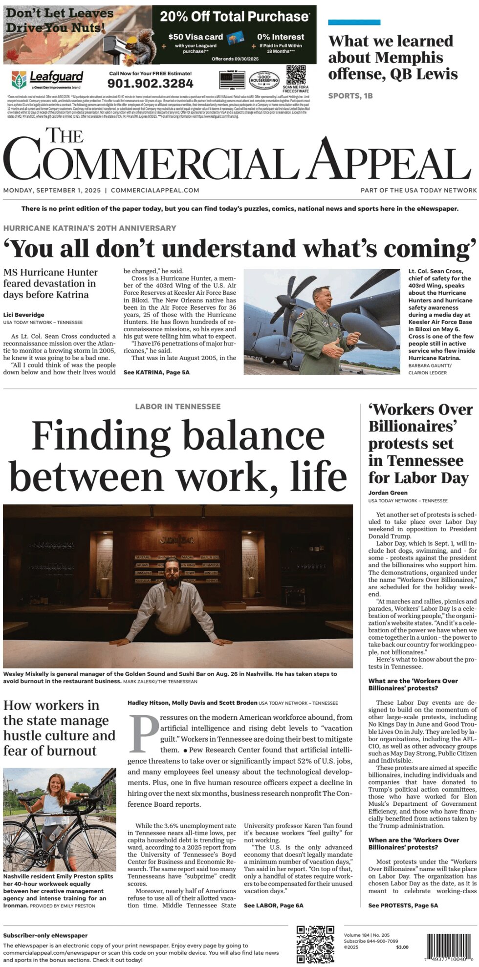 The Commercial Appeal - Today's Front Page, 01/09/2025