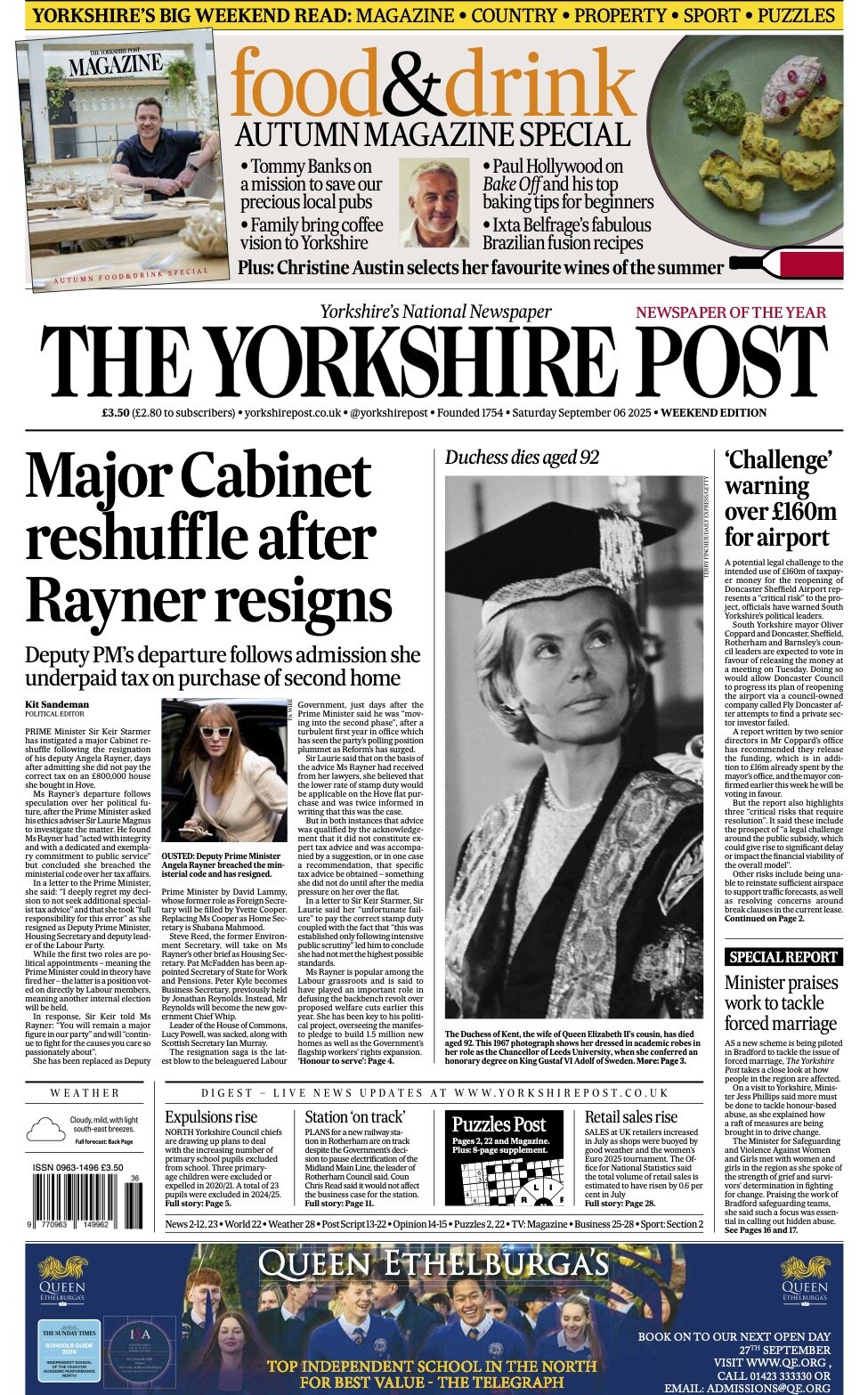 The Yorkshire Post - Today's Front Page, 06/09/2025