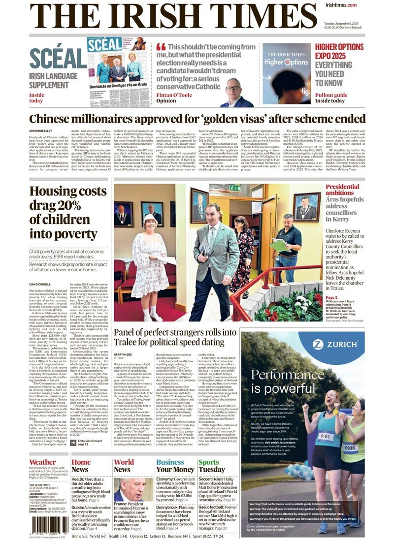 The Irish Times - Today's Front Page, 09/09/2025