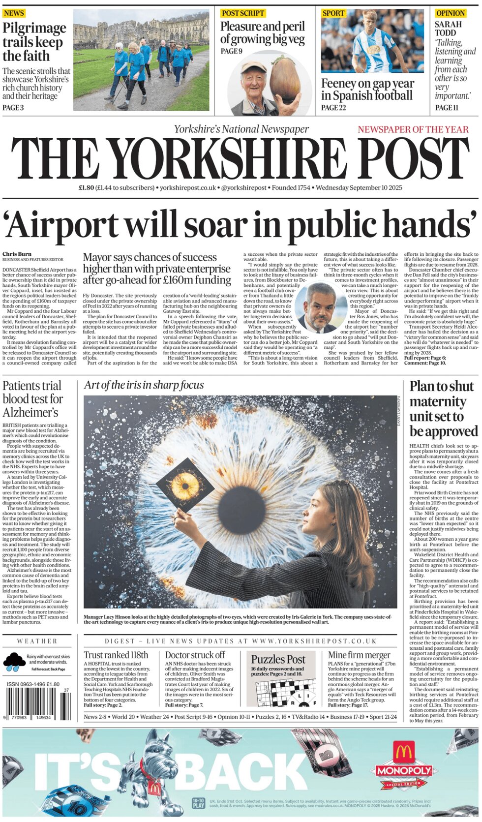 The Yorkshire Post - Today's Front Page, 10/09/2025
