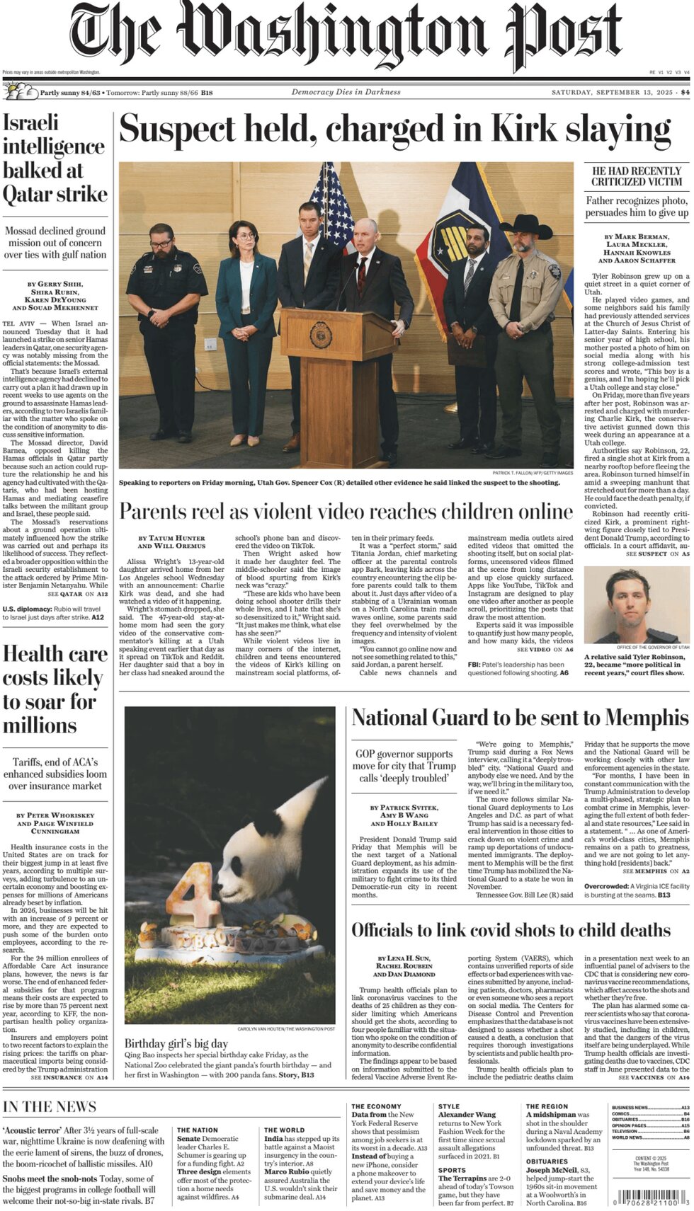 The Washington Post - Today's Front Page, 13/09/2025