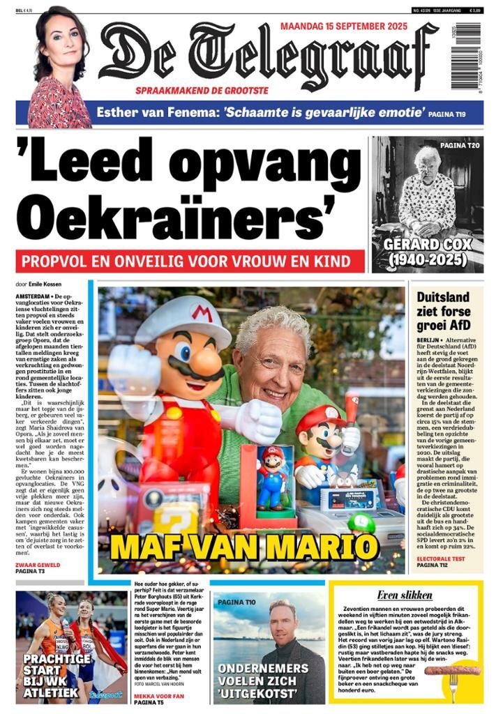 De Telegraaf - Today's Front Page, 15/09/2025