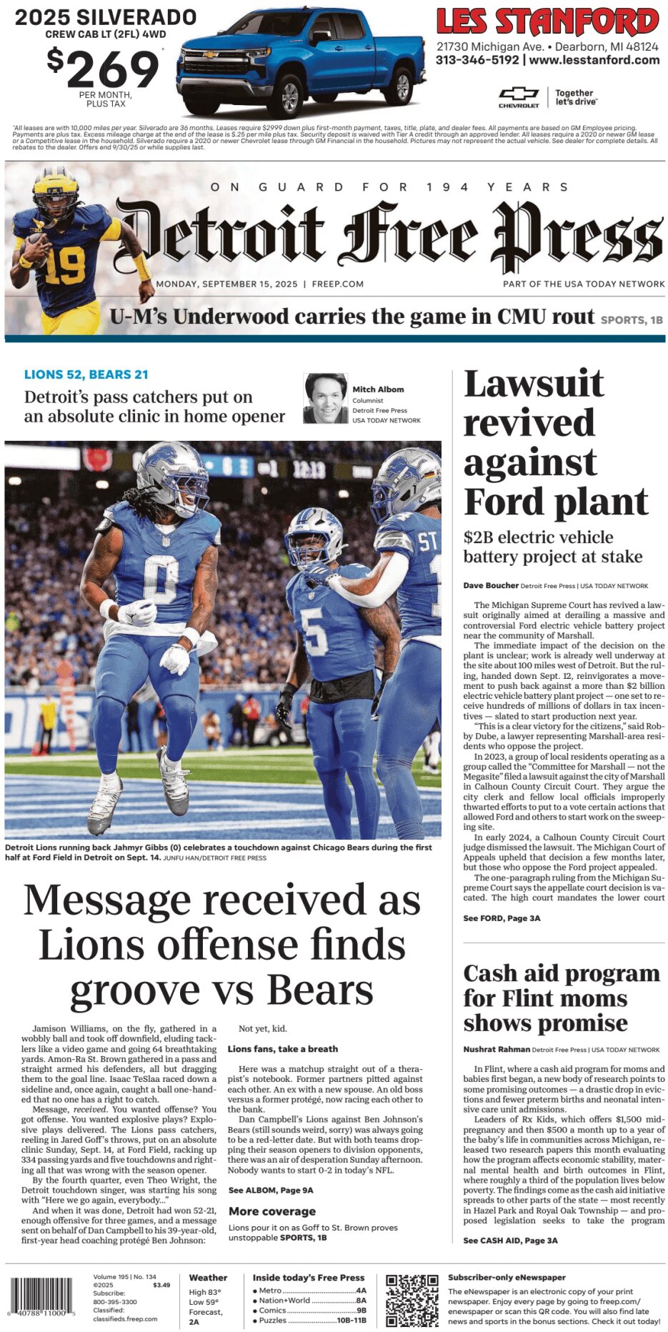 Detroit Free Press - Today's Front Page, 15/09/2025